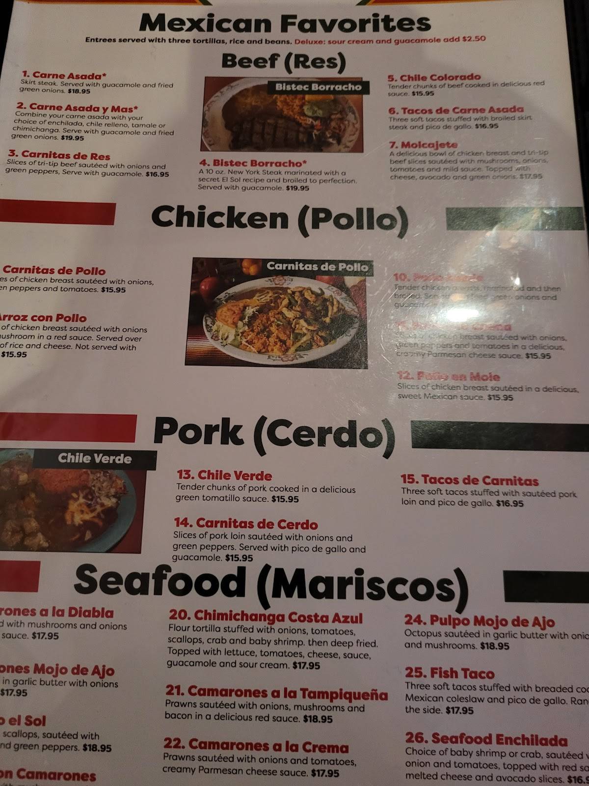 Menu at El Sol De Mexico restaurant, Corvallis, NW 9th St