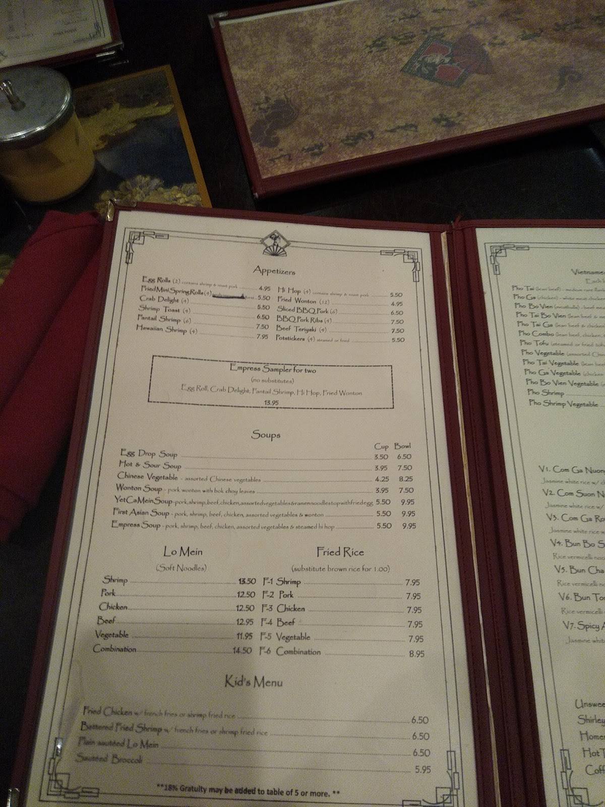 Menu at Northshore Empress restaurant, Covington