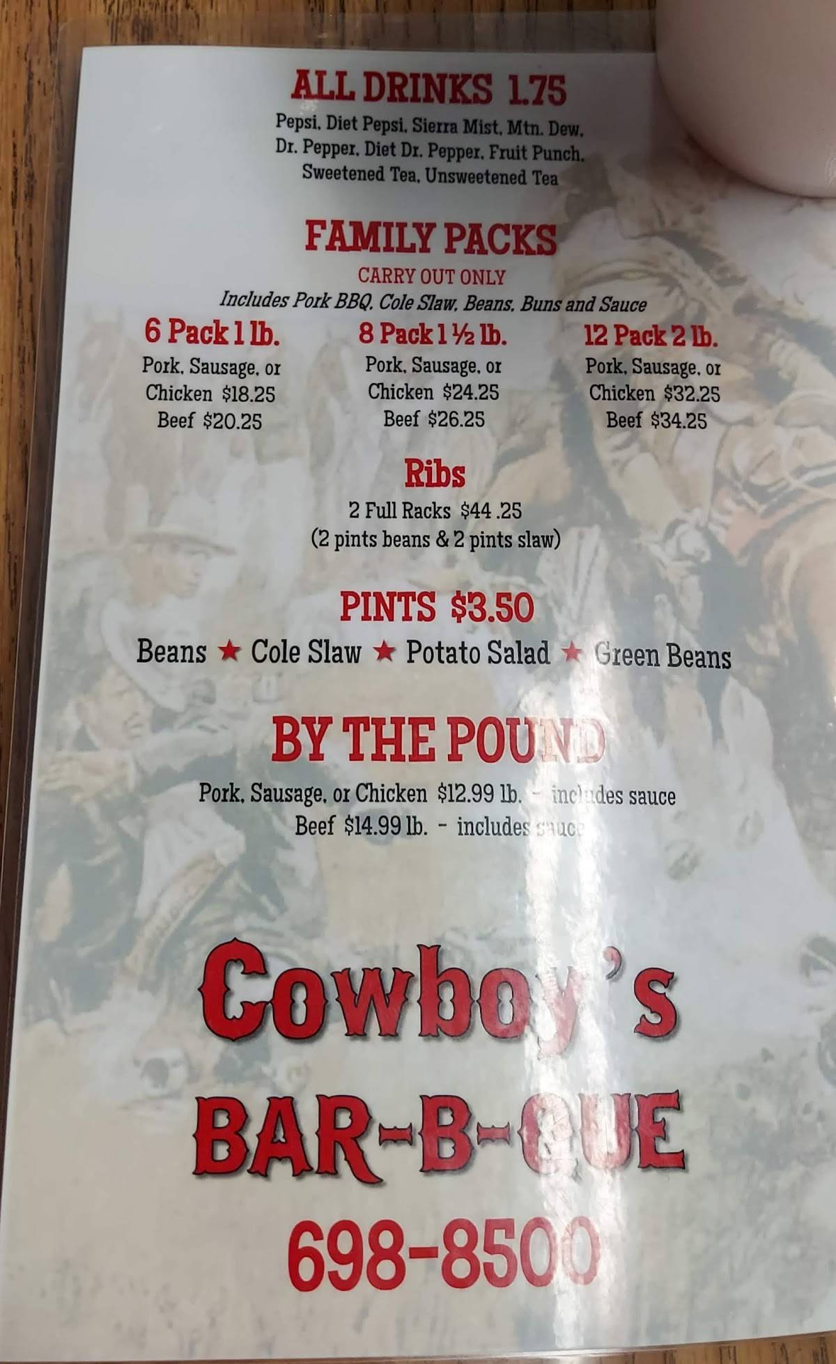 Menu at Cowboy's Barbecue, Batesville
