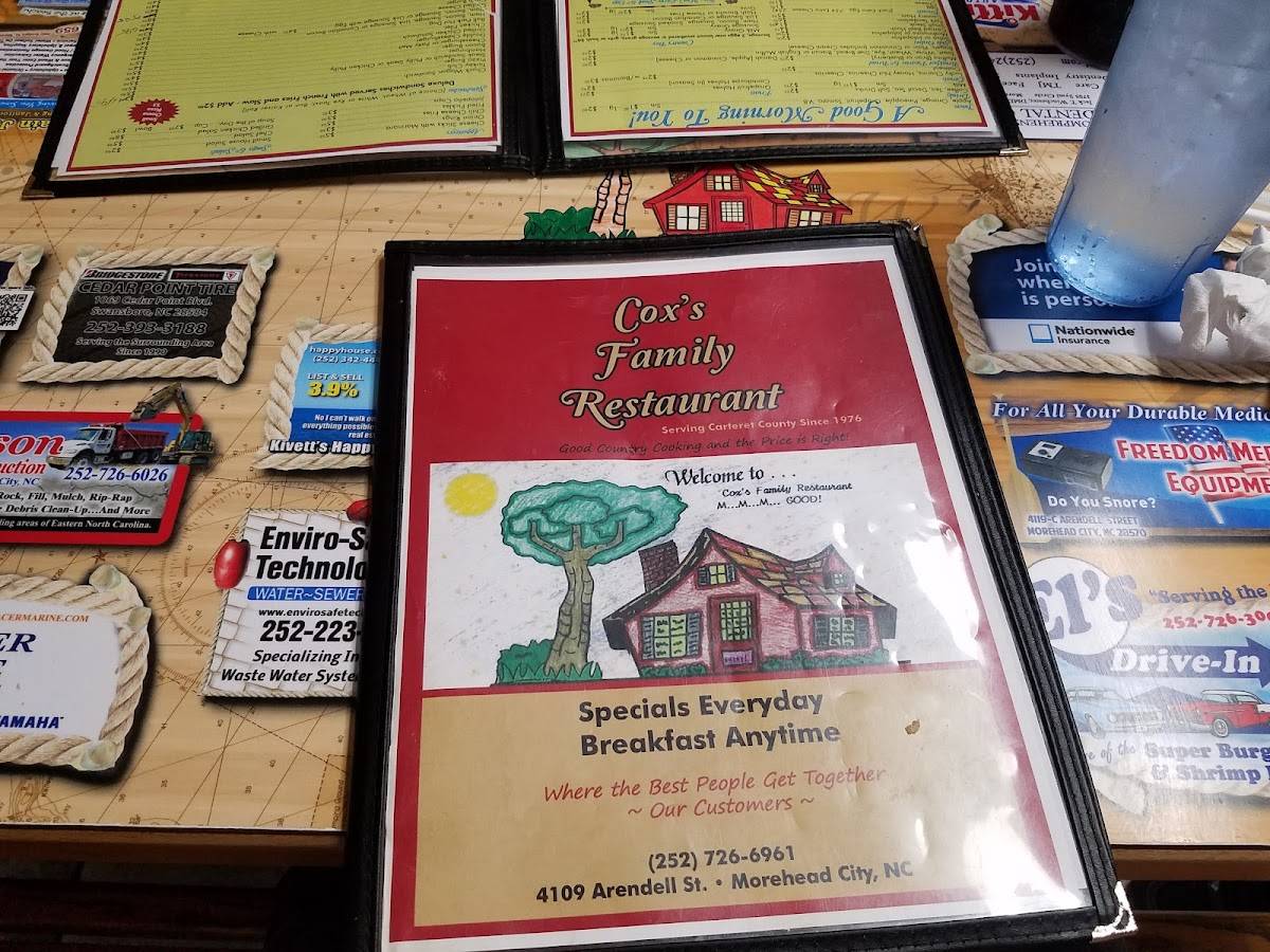 Menu at Cox Family Restaurant, Morehead City