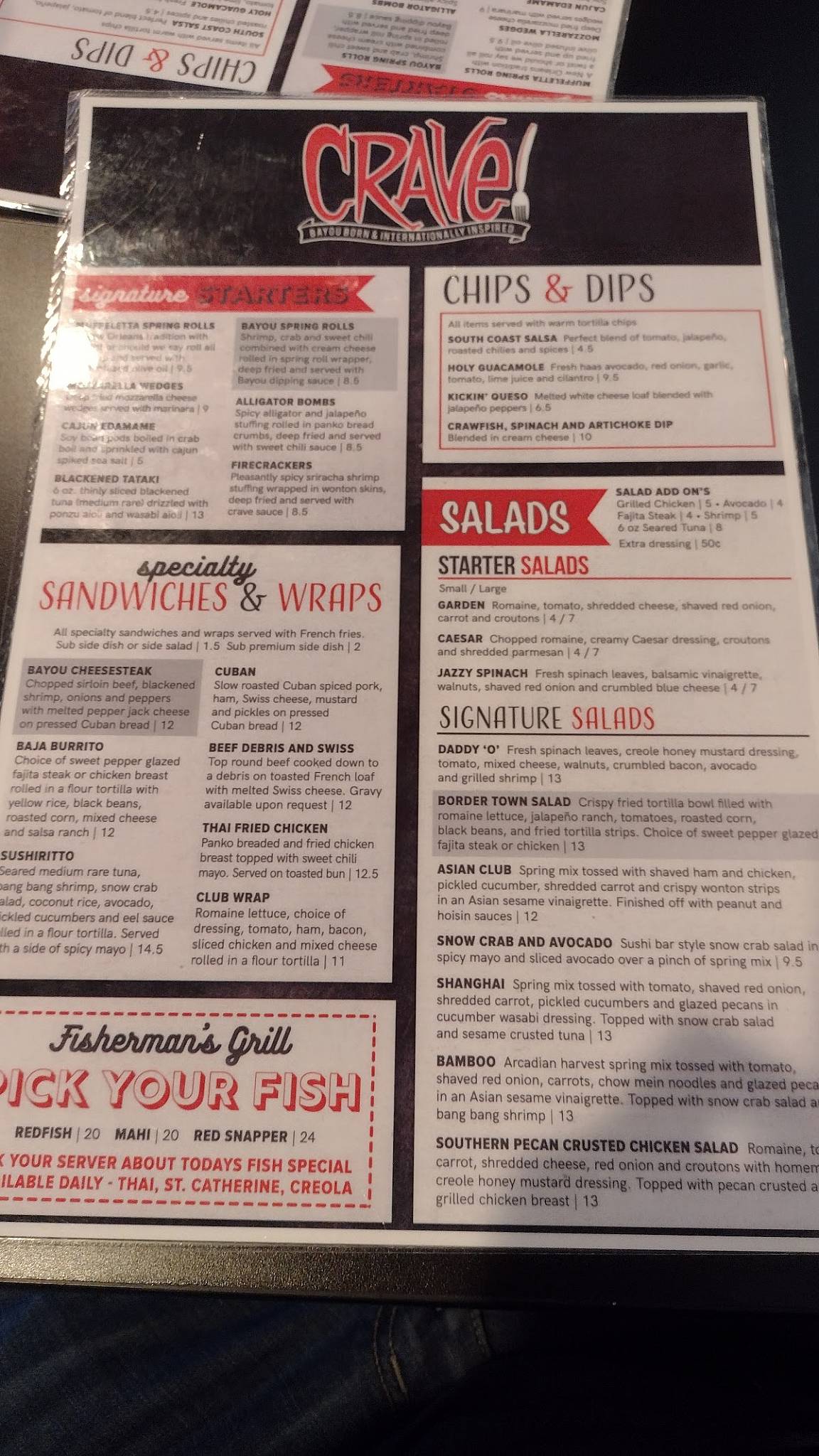 Menu at Crave restaurant, Meraux