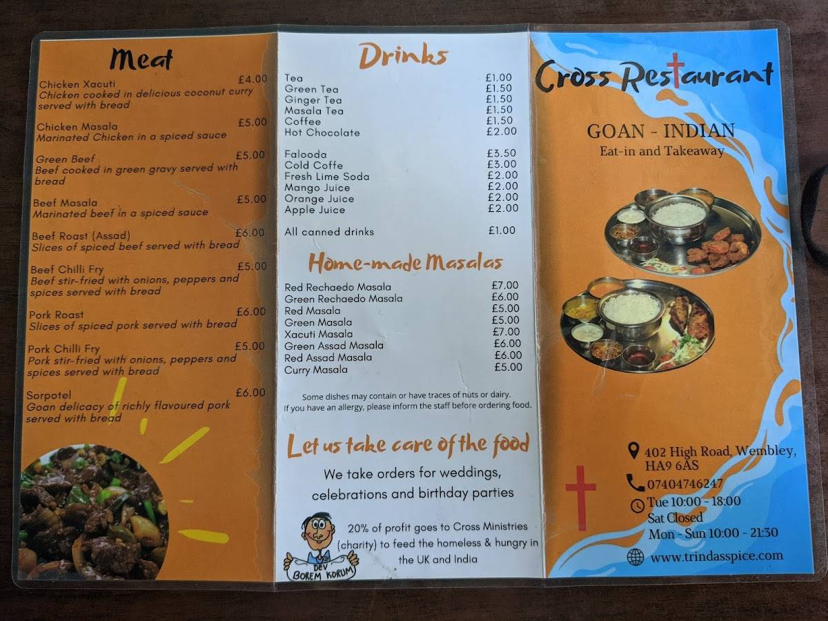 Menu at Cross Restaurant, Wembley