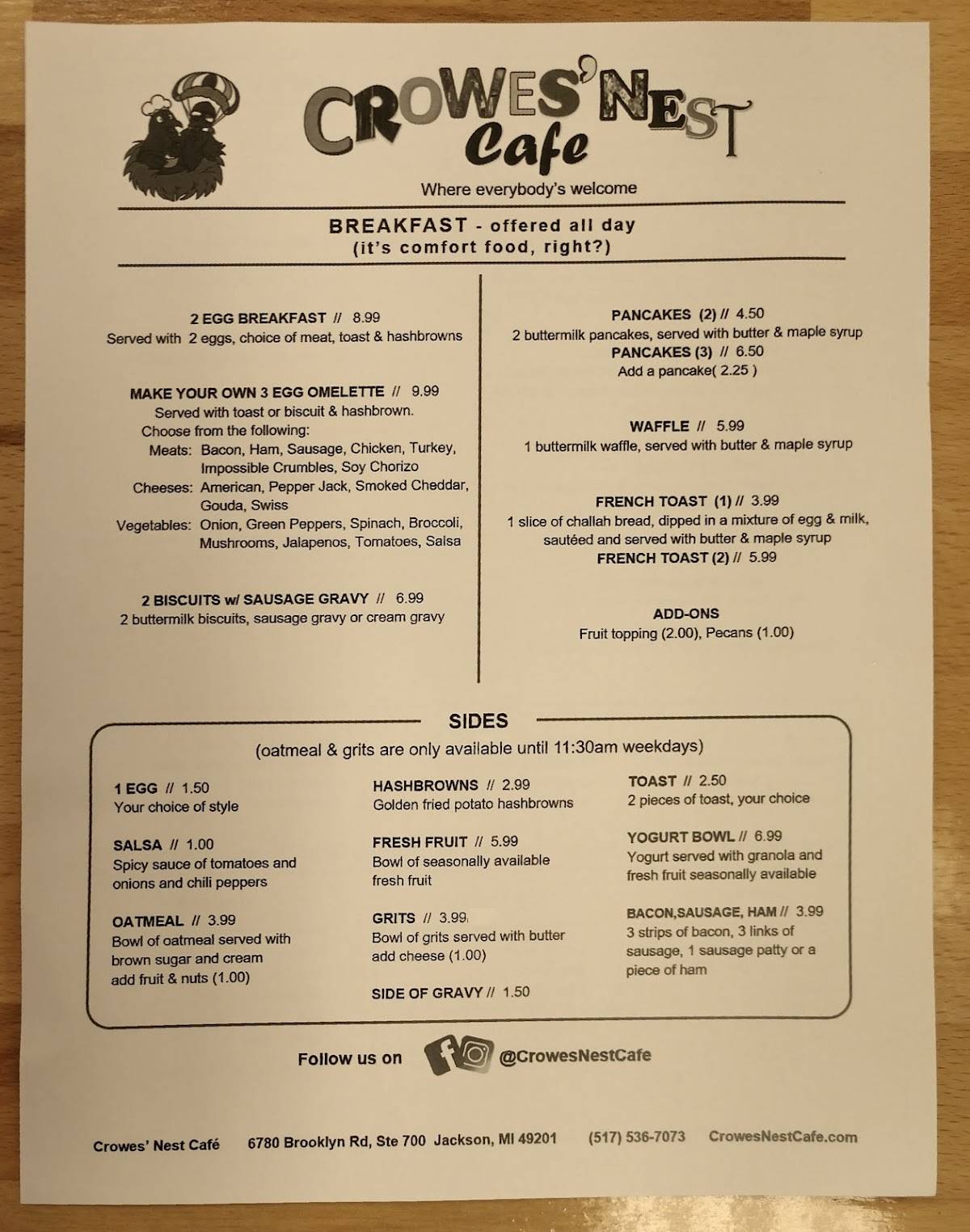 Menu at Crowes' Nest Cafe, Napoleon