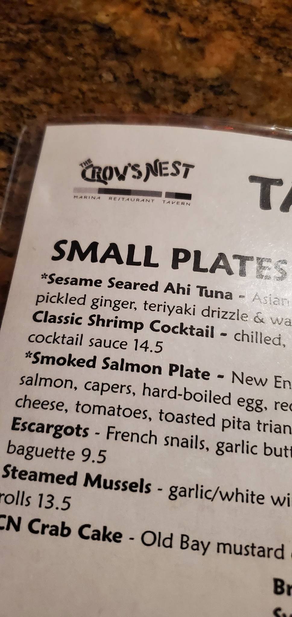 Menu at Crow's Nest Restaurant, Tavern & Marina, Venice
