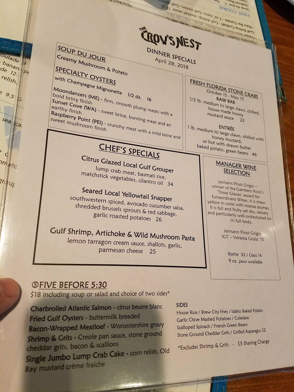 Menu at Crow's Nest Restaurant, Tavern & Marina, Venice