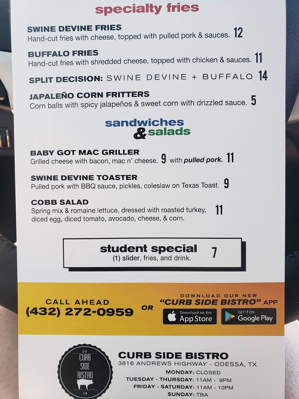Menu at Curb Side Bistro restaurant, Odessa, Andrews Hwy