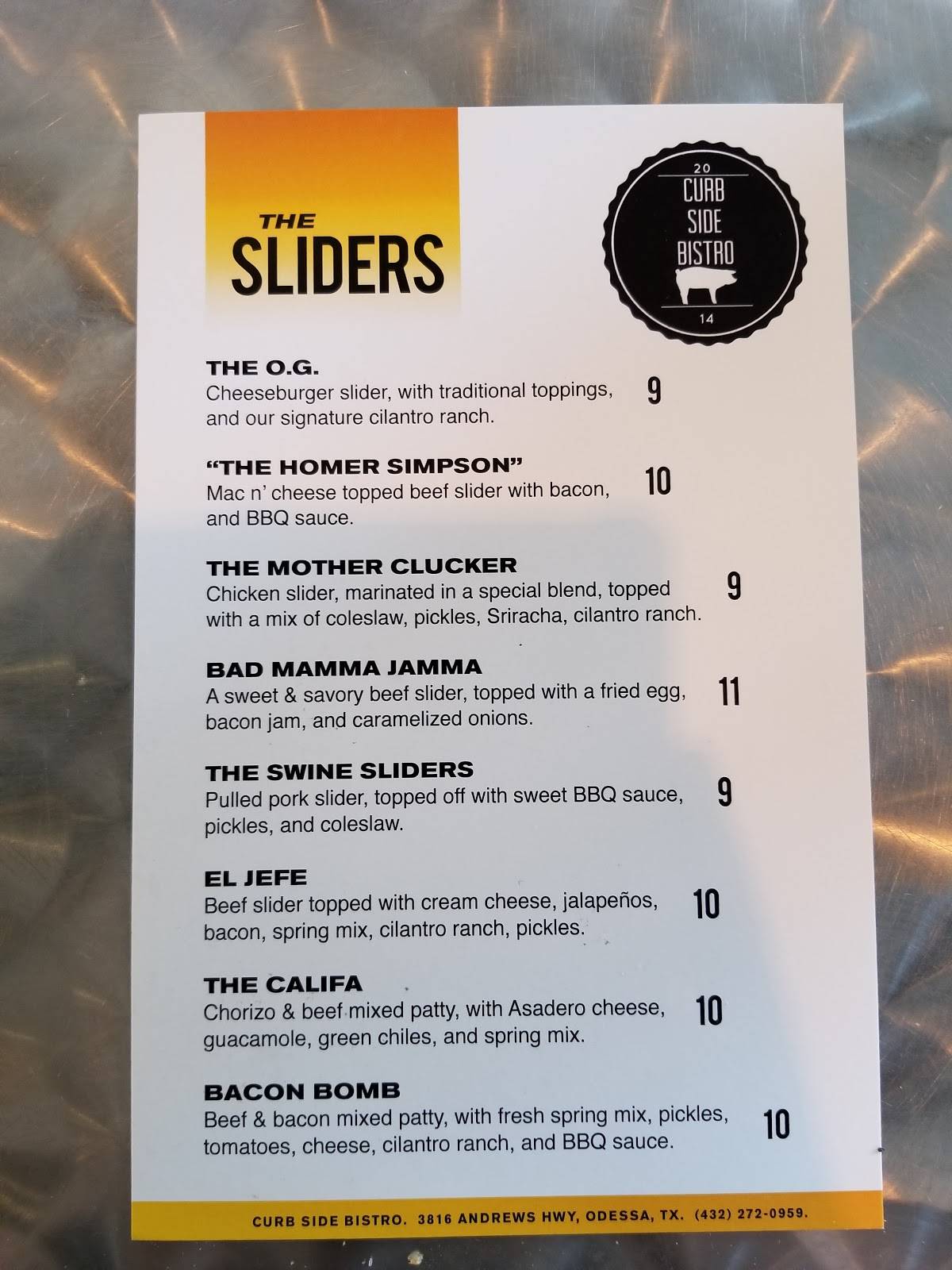 Menu at Curb Side Bistro restaurant, Odessa, Andrews Hwy