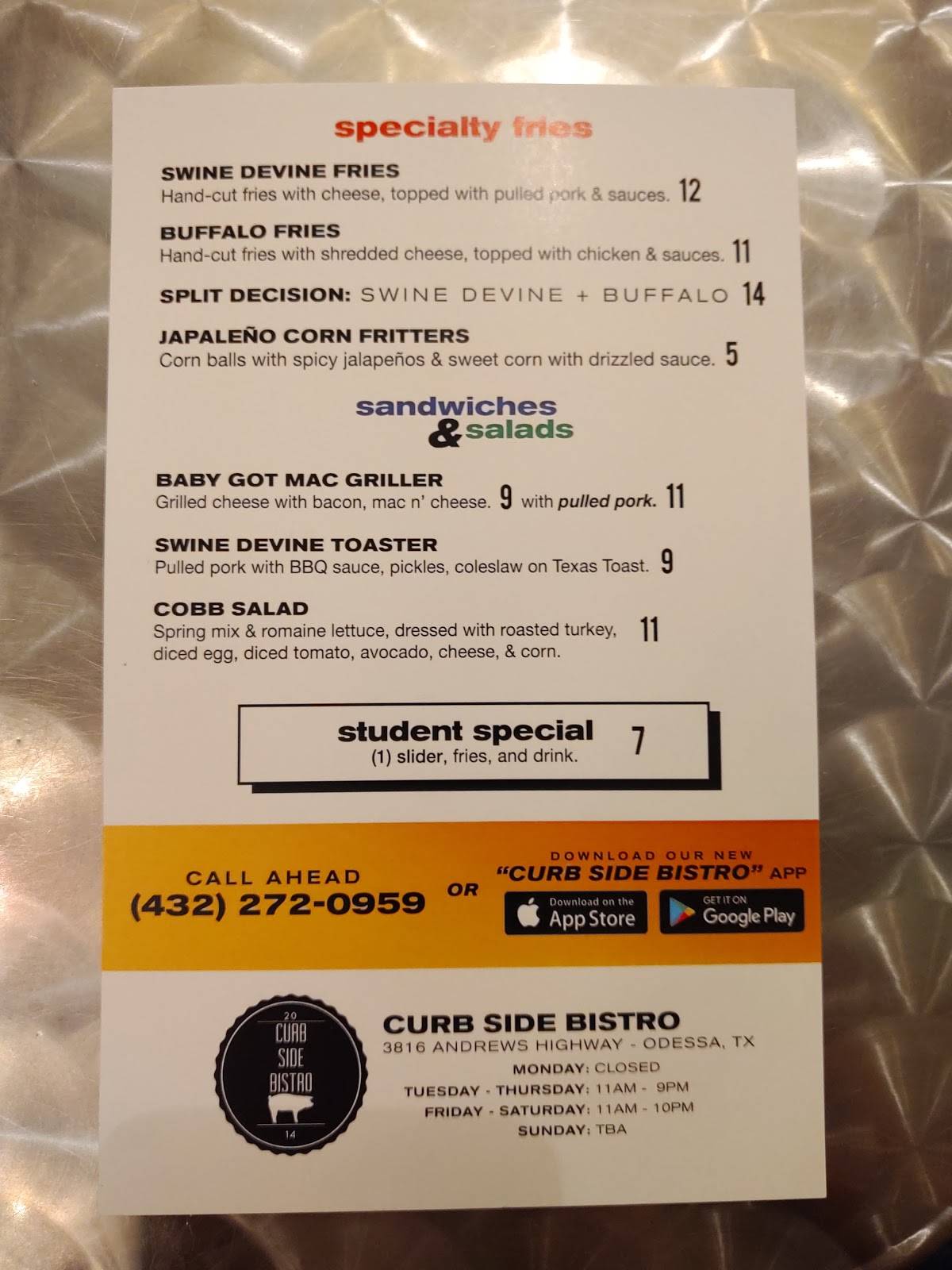 Menu at Curb Side Bistro restaurant, Odessa, Andrews Hwy