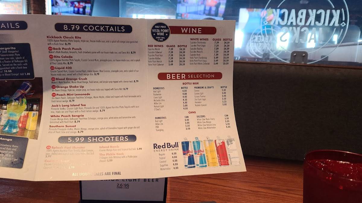Menu at Kickback Jack's pub & bar, Danville
