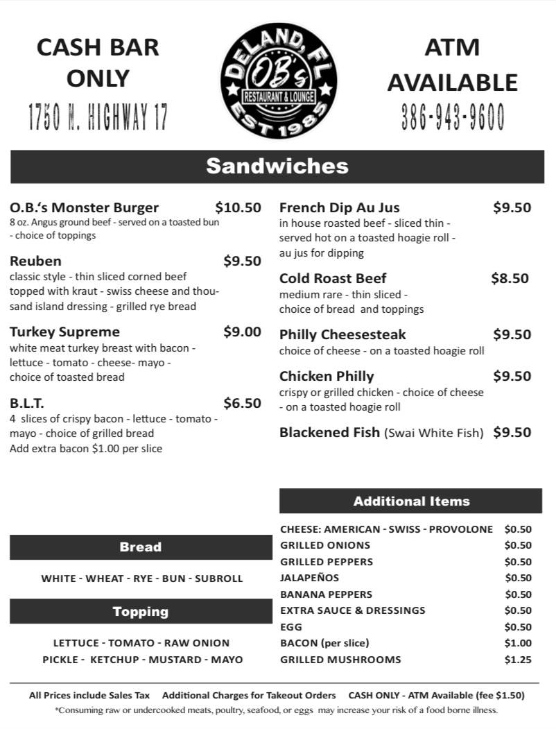 Menu at OB's Restaurant & Lounge, DeLand