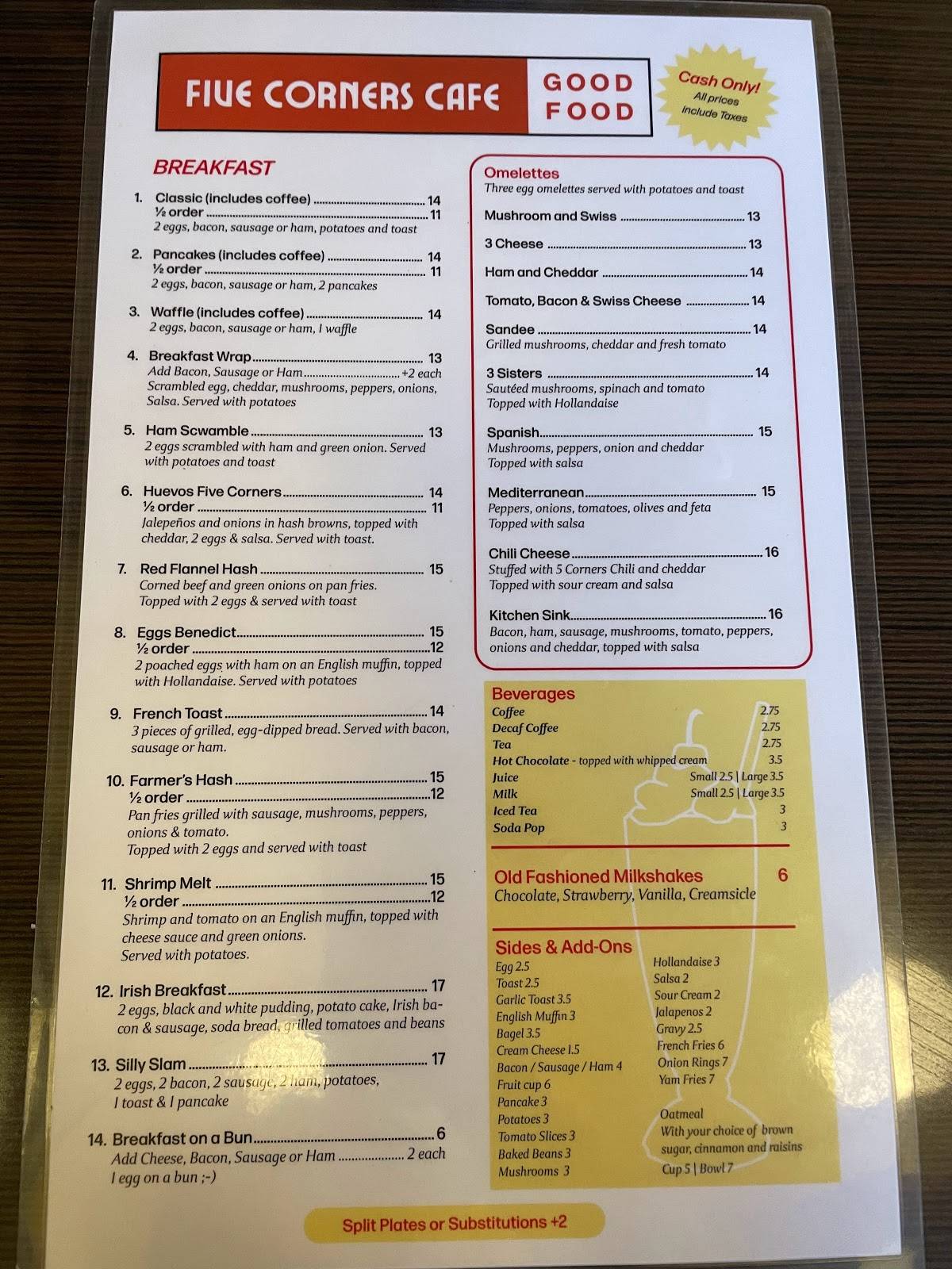 Menu at Five Corners Cafe, White Rock