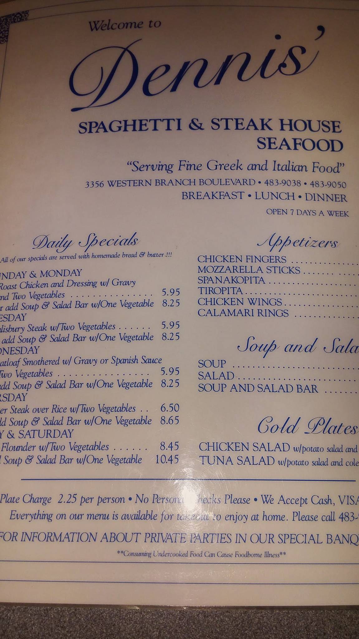 Menu at Dennis Spaghetti & Steak House steakhouse, Chesapeake