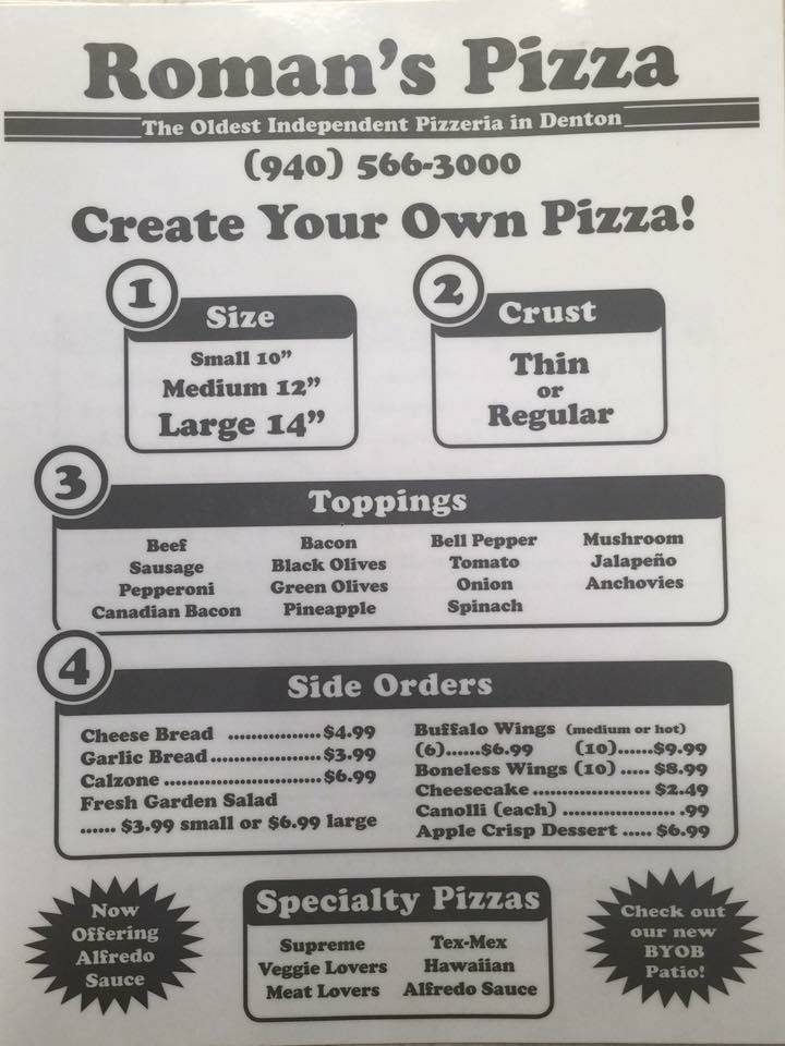 Menu at Roman's Pizza pizzeria, Denton, N Elm St #200