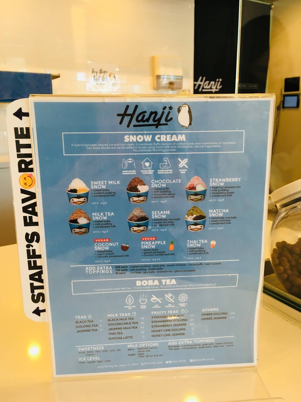 Menu at Hanji Snow Cream + Boba Tea desserts, Davie