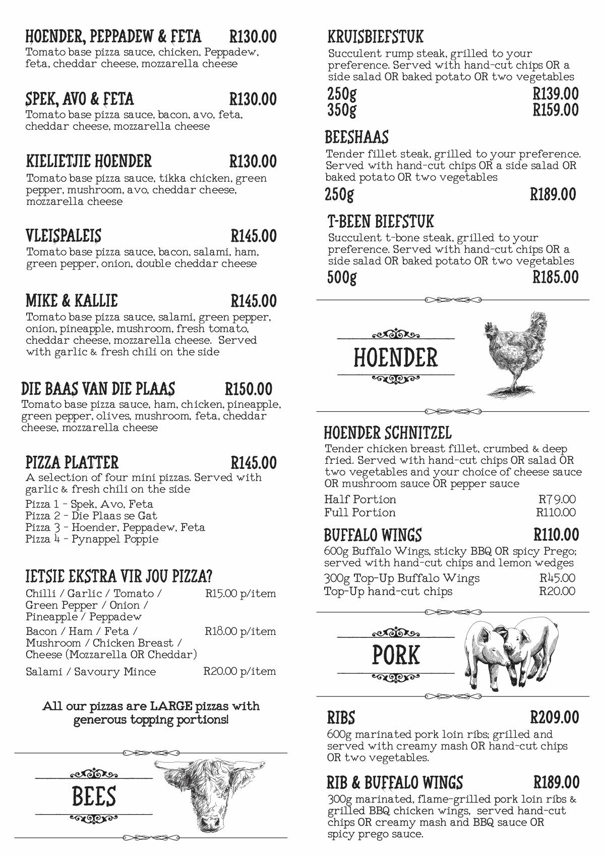 Menu at Die Plaas se Gat Restaurant, Hartbeespoort, Road 4048 R560 ...
