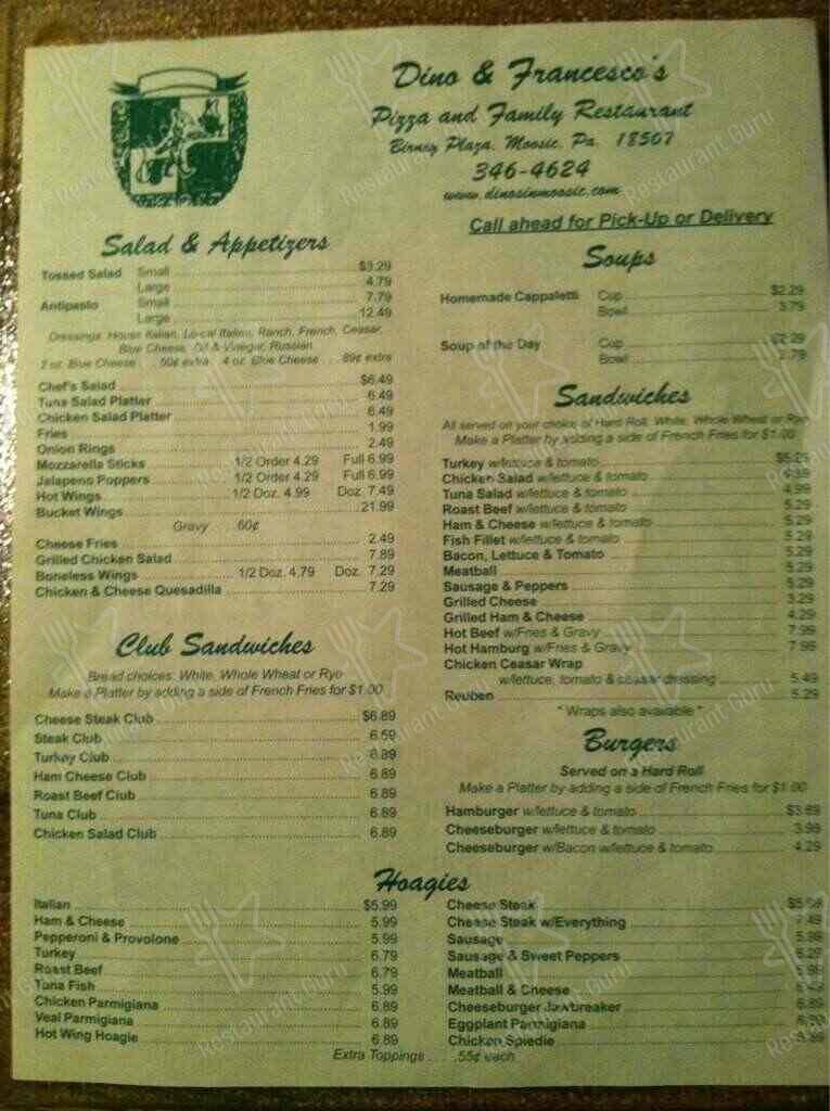 Menu at Dino & Francesco's Pizza-Pasta restaurant, Moosic