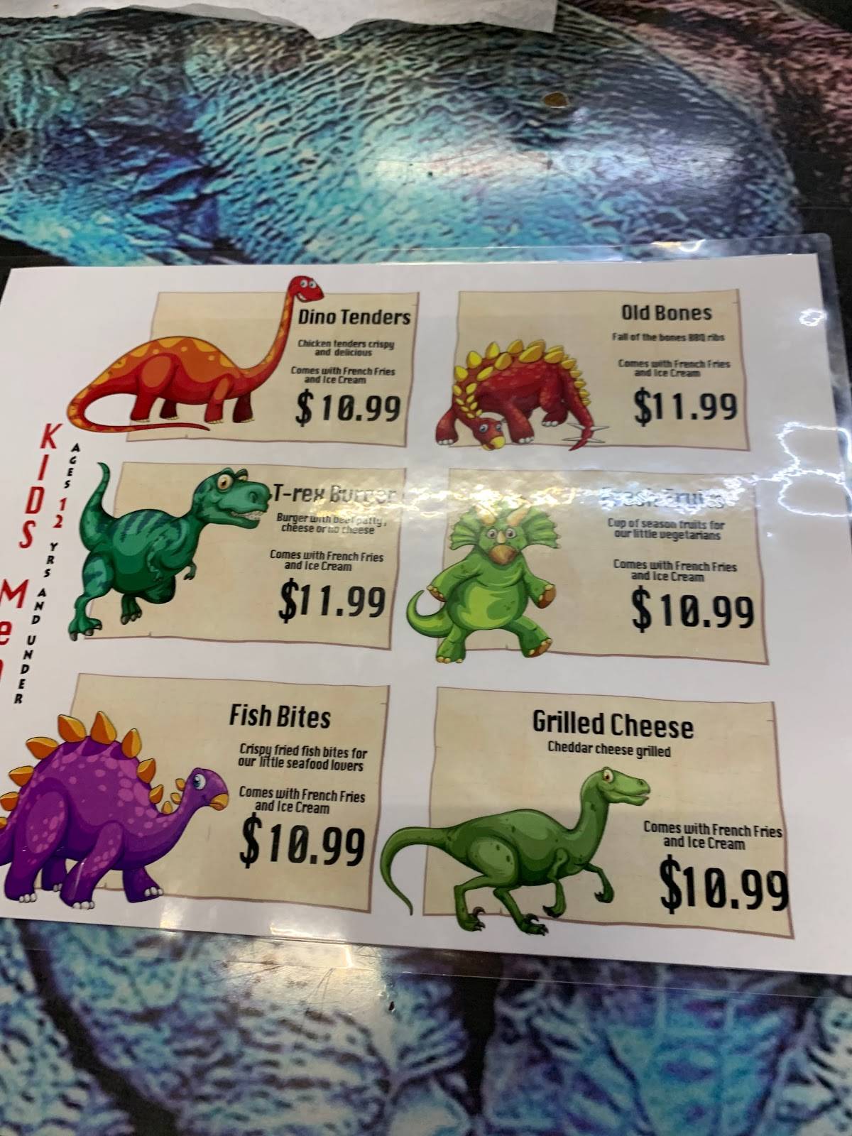 Menu at DinoLand Cafe, Myrtle Beach