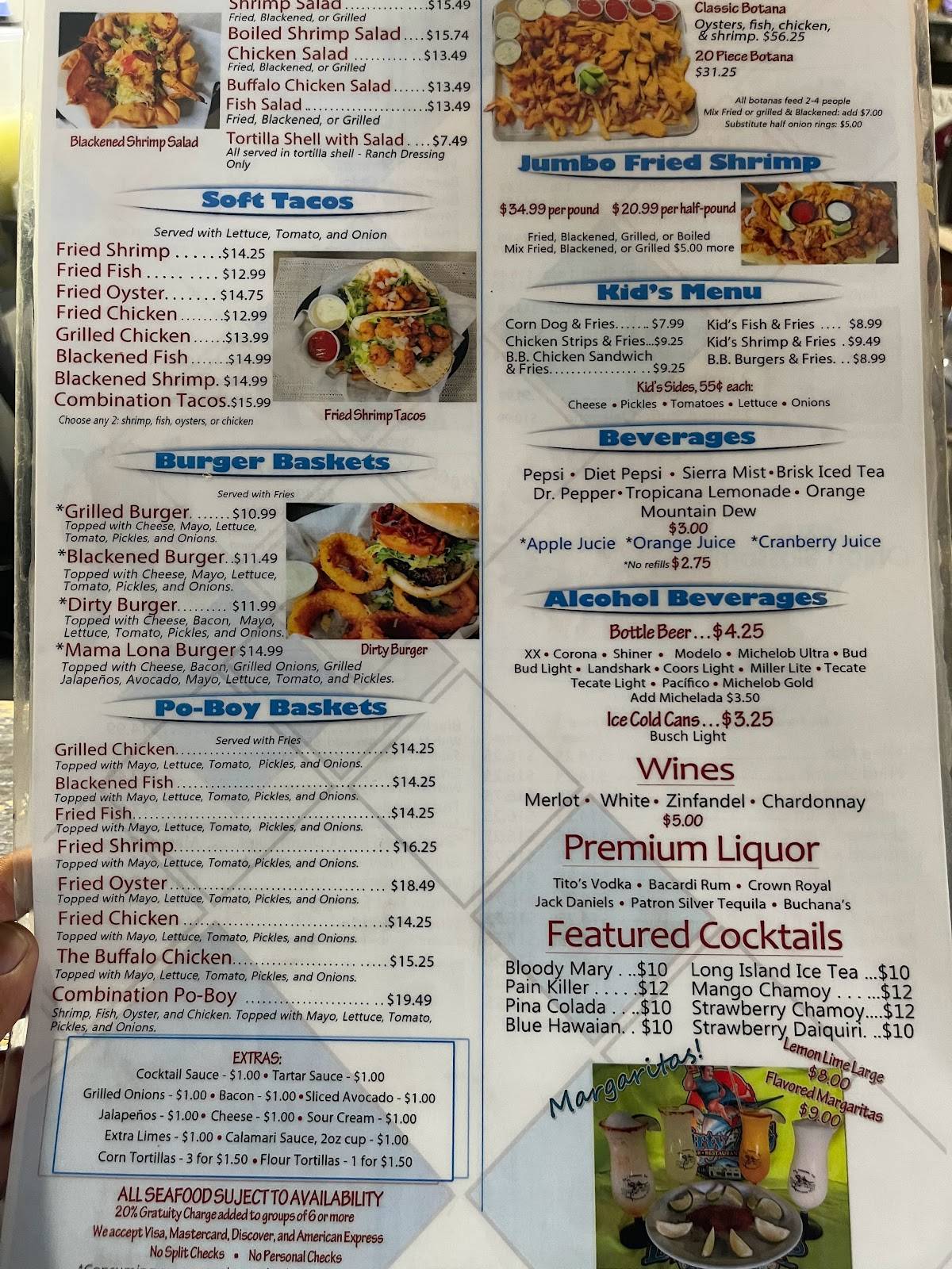 Menu at Dirty Al's restaurant, South Padre Island, State Park Rd 100
