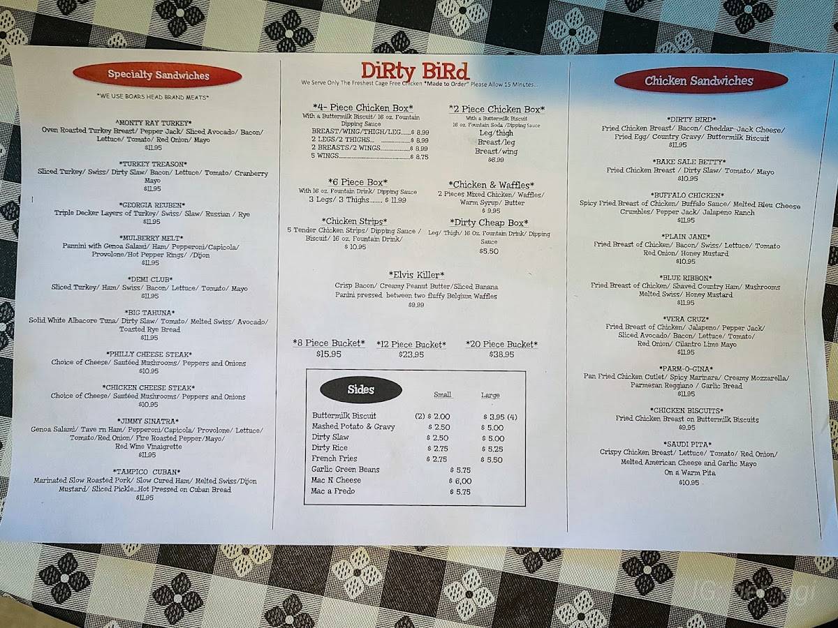 Menu at Dirty Bird restaurant, Morgantown
