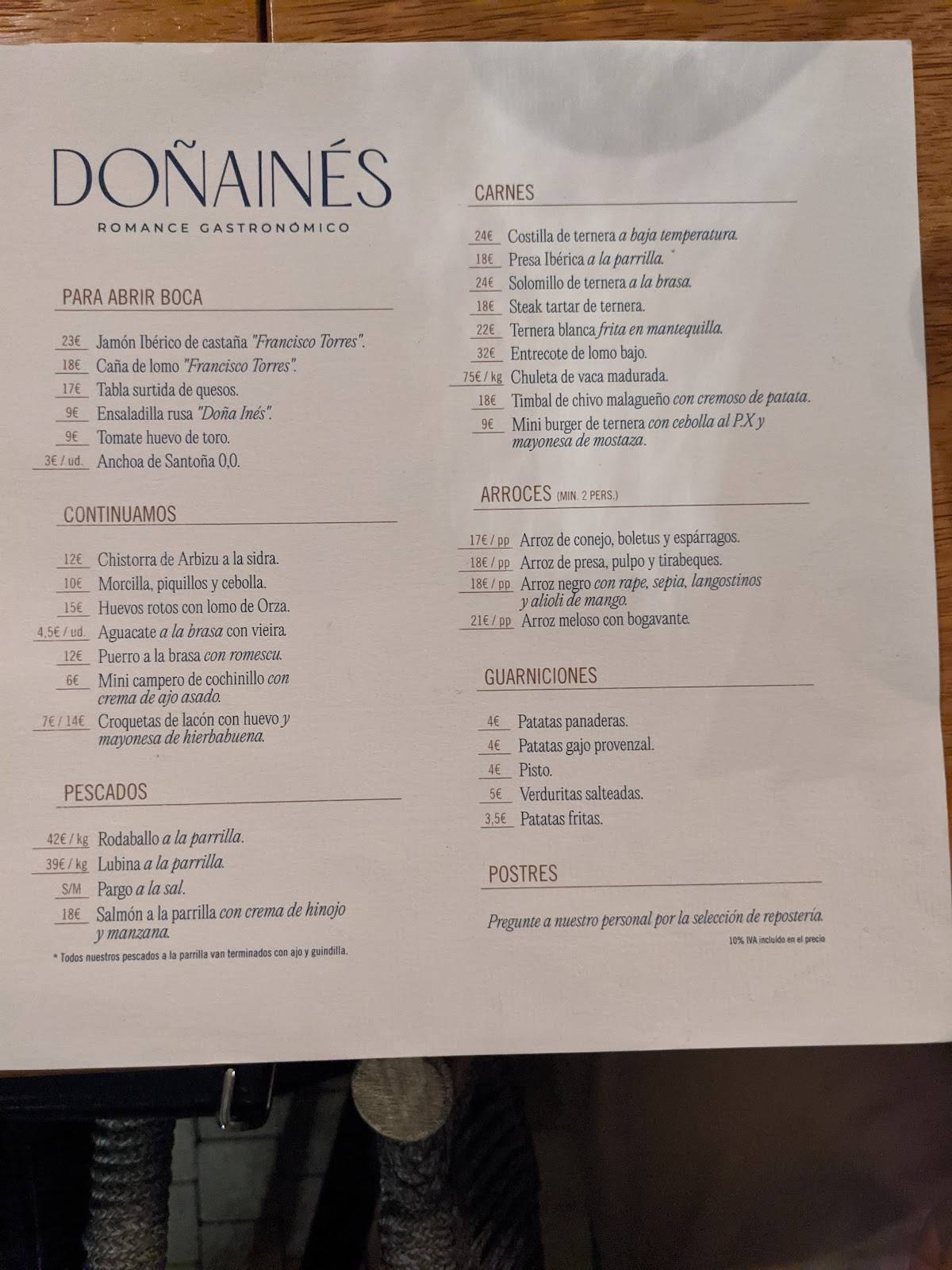 Carta del restaurante Doña Inés, Málaga