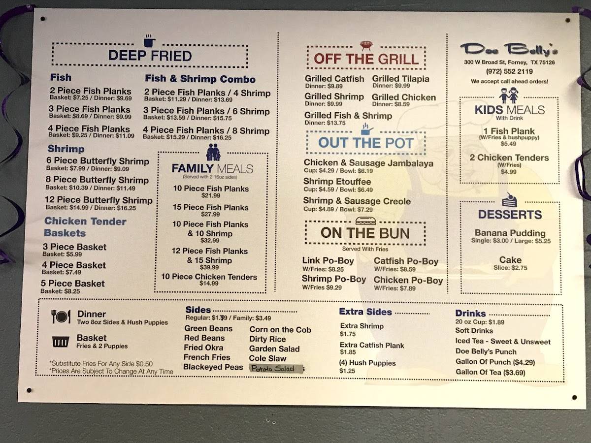 Menu at Doe Belly's restaurant, Forney