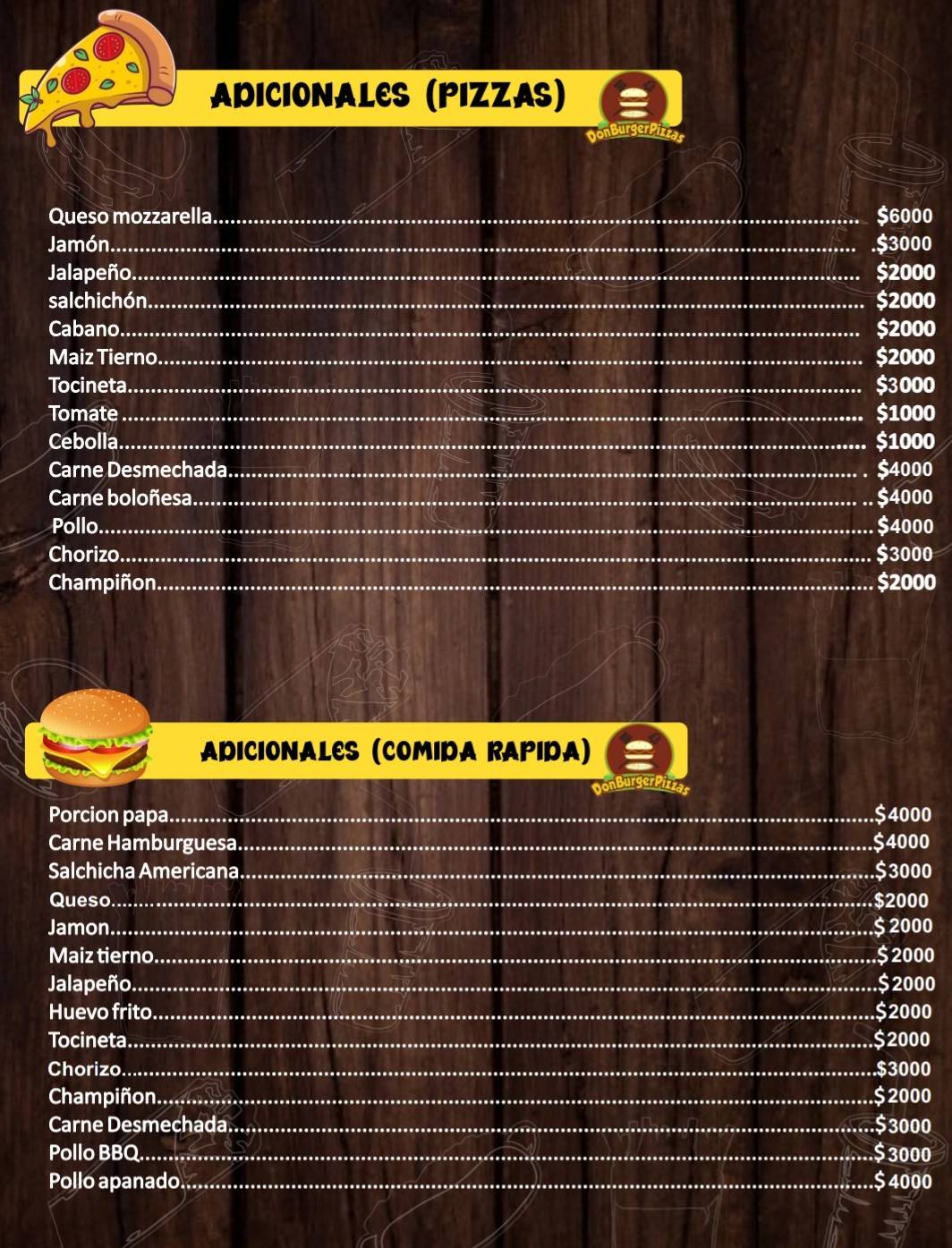 Carta del restaurante Don Burger Pizzas, Bogotá