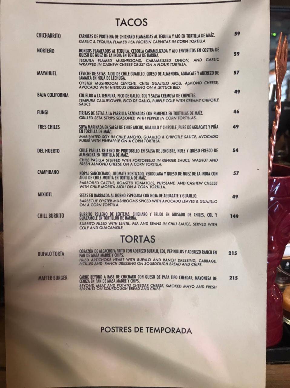 Menu at Don Taco Tequila restaurant, San Miguel de Allende