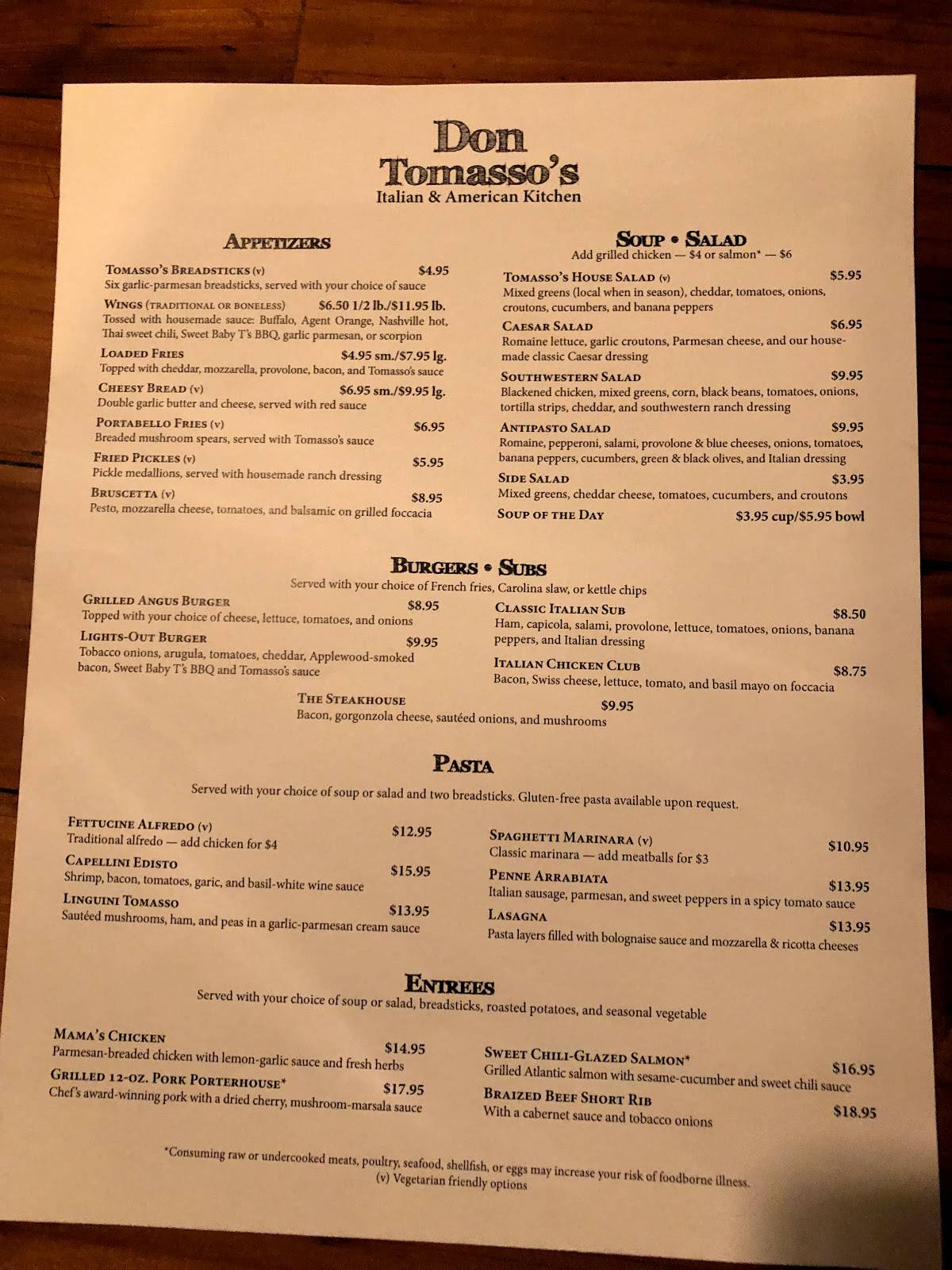 Menu at Don Tomasso's Italian Kitchen pizzeria, Upper Sandusky