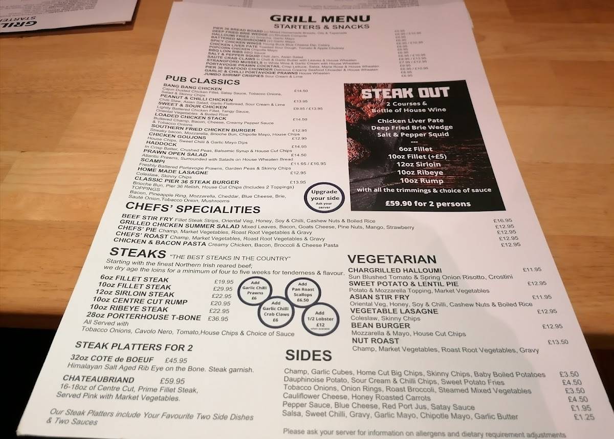 Menu at Pier 36 pub & bar, Donaghadee