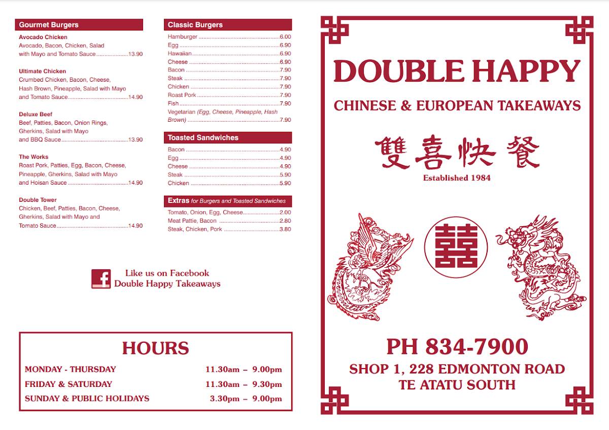 Menu at Double Happy Chinese Takeaways fast food, Auckland