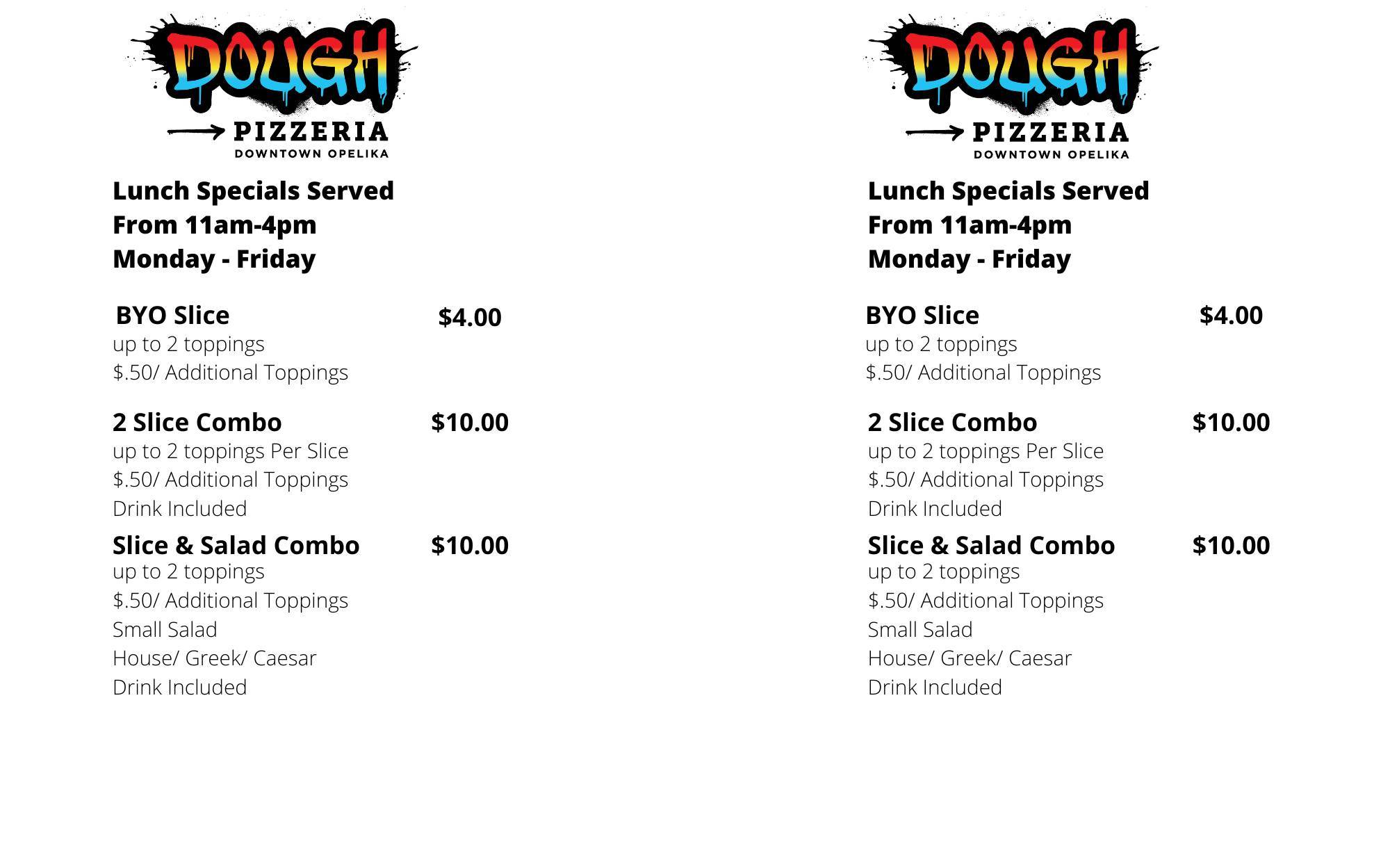 Menu at Dough Pizzeria, Opelika