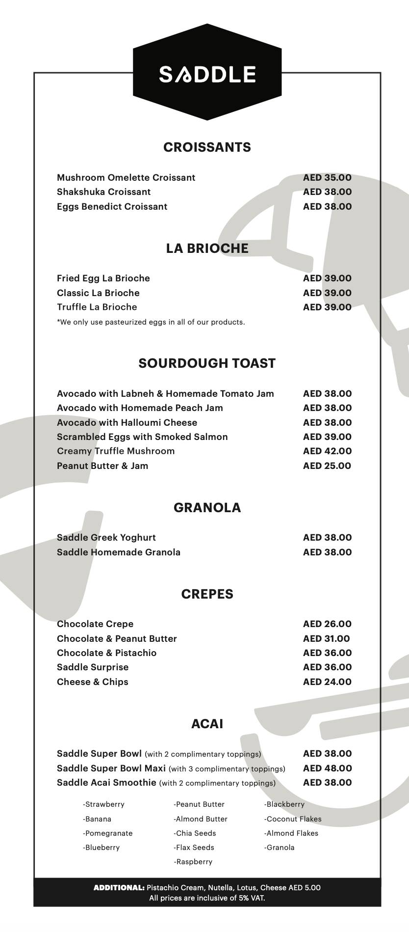 Menu at Saddle Cafe - Al Wasl, Dubai, Al Wasl Rd