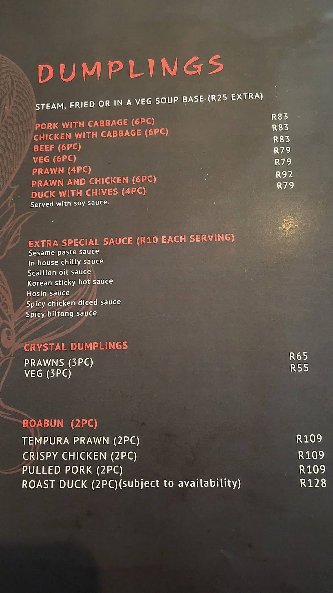 Menu at Dumpling Bar Ballito, Dolphin Coast