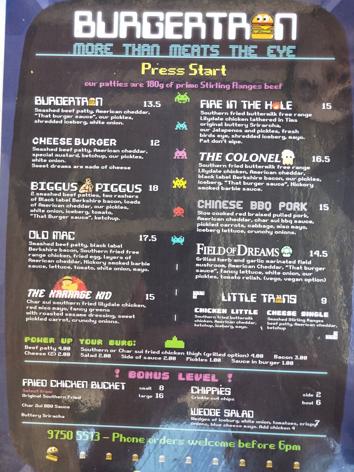 Menu at Burgertron restaurant, Dunsborough