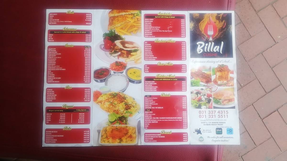 Menu at Billal Cuisine North Beach Branch restaurant, Durban