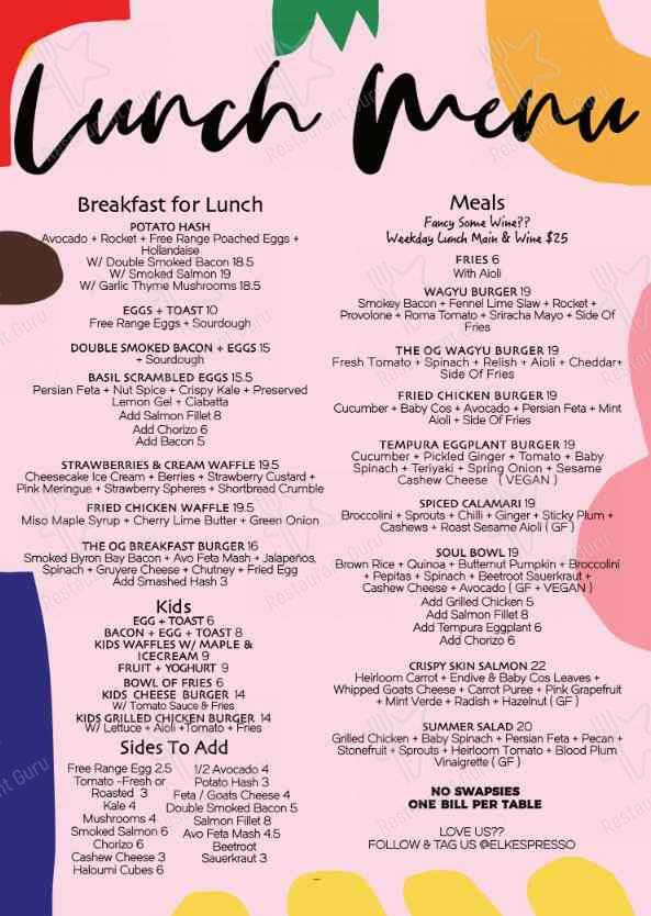 Menu at ELK Espresso cafe, Gold Coast, Shop G044 Oasis Shopping Centre