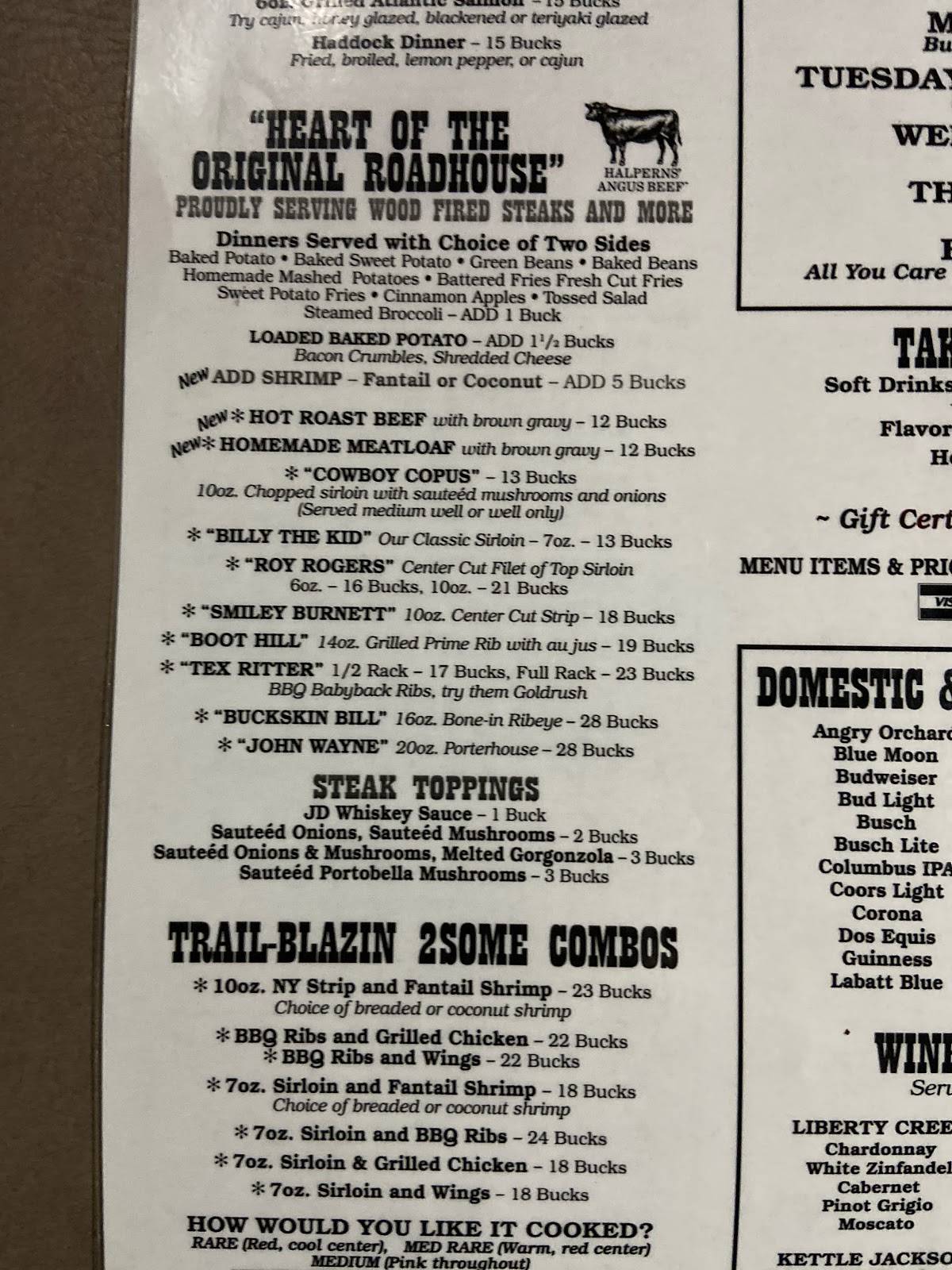 Menu at The Original Roadhouse steakhouse, East Palestine