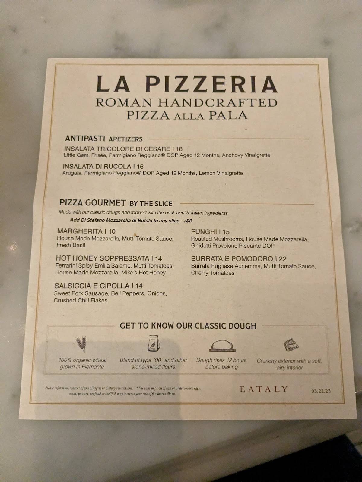Menu at Eataly pizzeria, Las Vegas