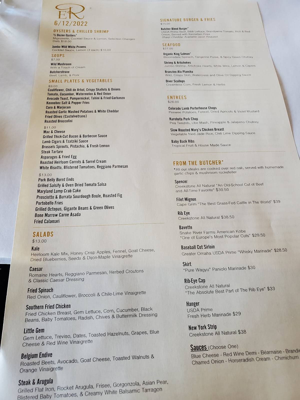 Menu at Echo & Rig Butcher and Steakhouse, Las Vegas