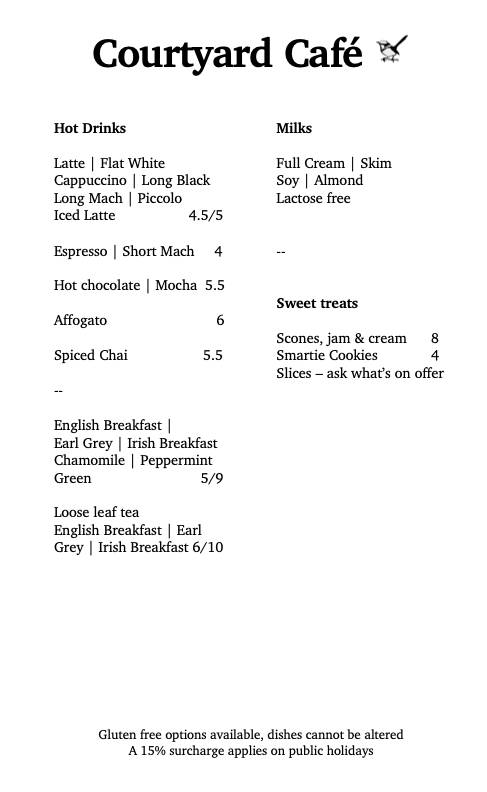 Menu at The Wren Courtyard cafe, Echuca
