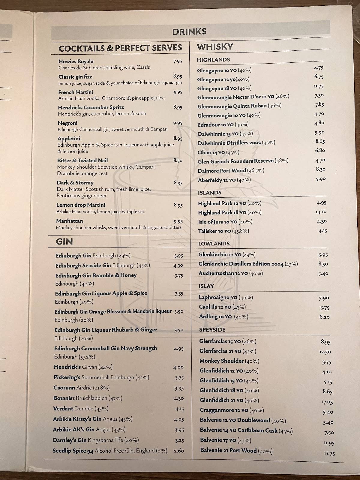 Menu at Howies Restaurant Waterloo Place, Edinburgh, Waterloo Place