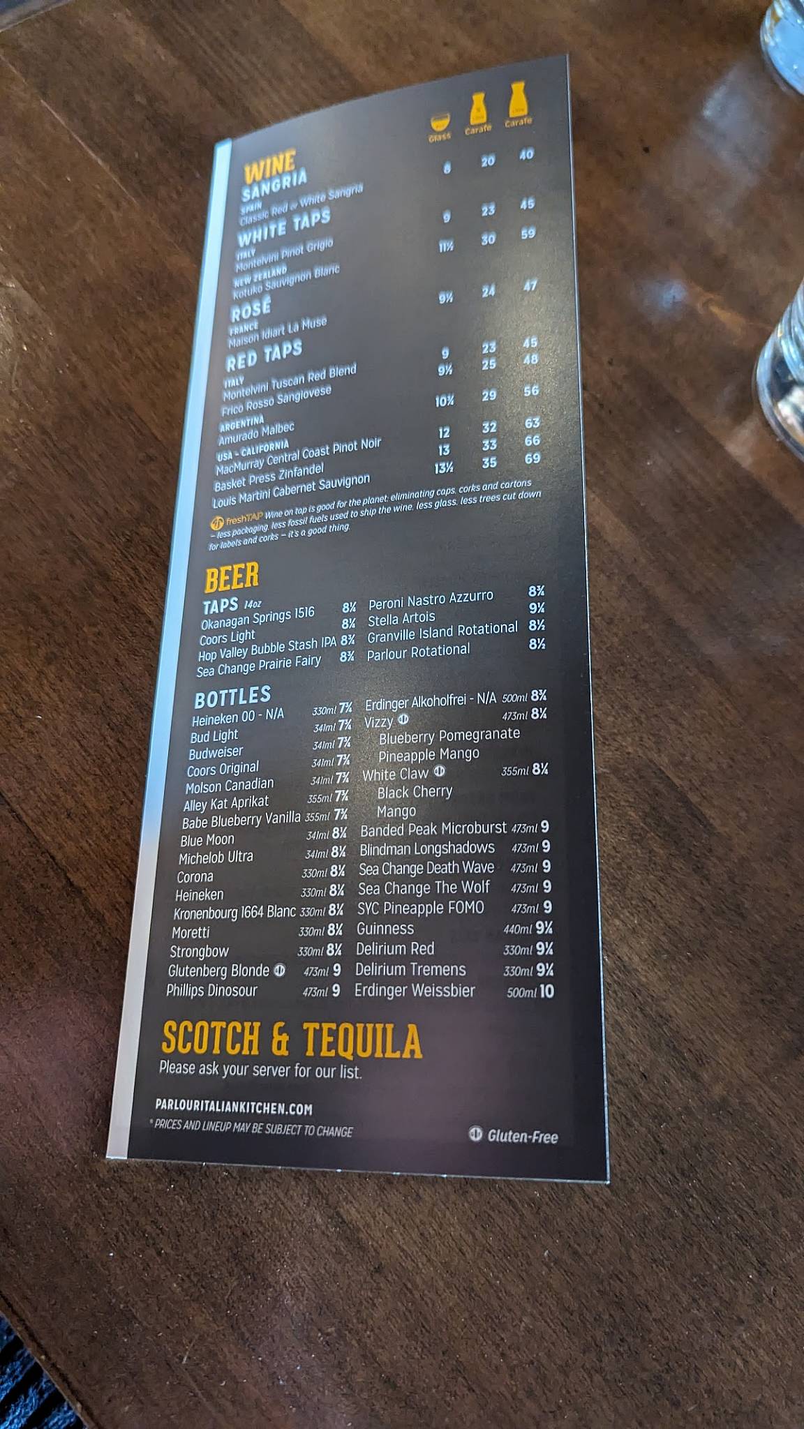 Menu at The Parlour Italian Kitchen & Bar, Edmonton