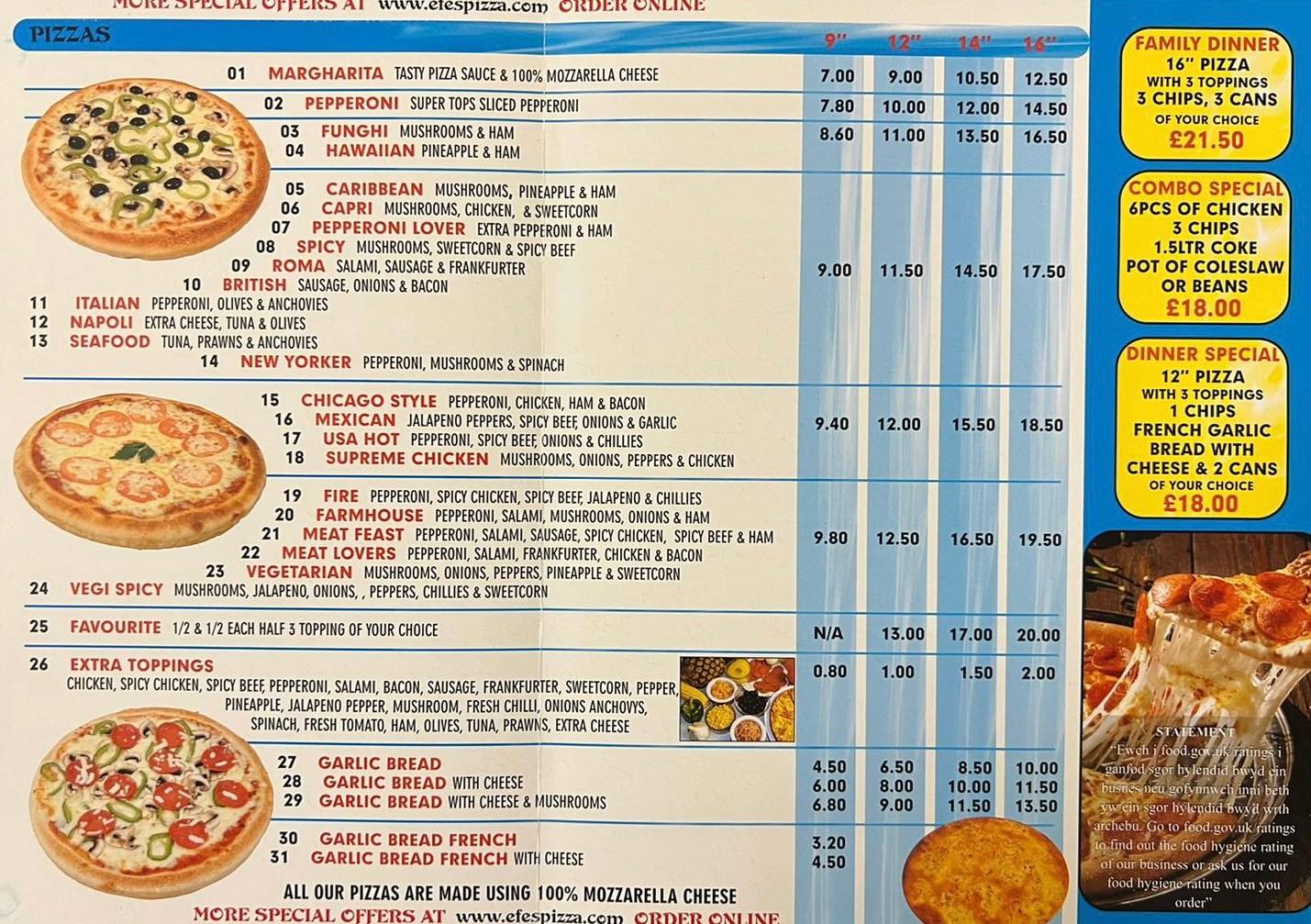 Menu at Efes Pizza NW Limited pizzeria, Prestatyn