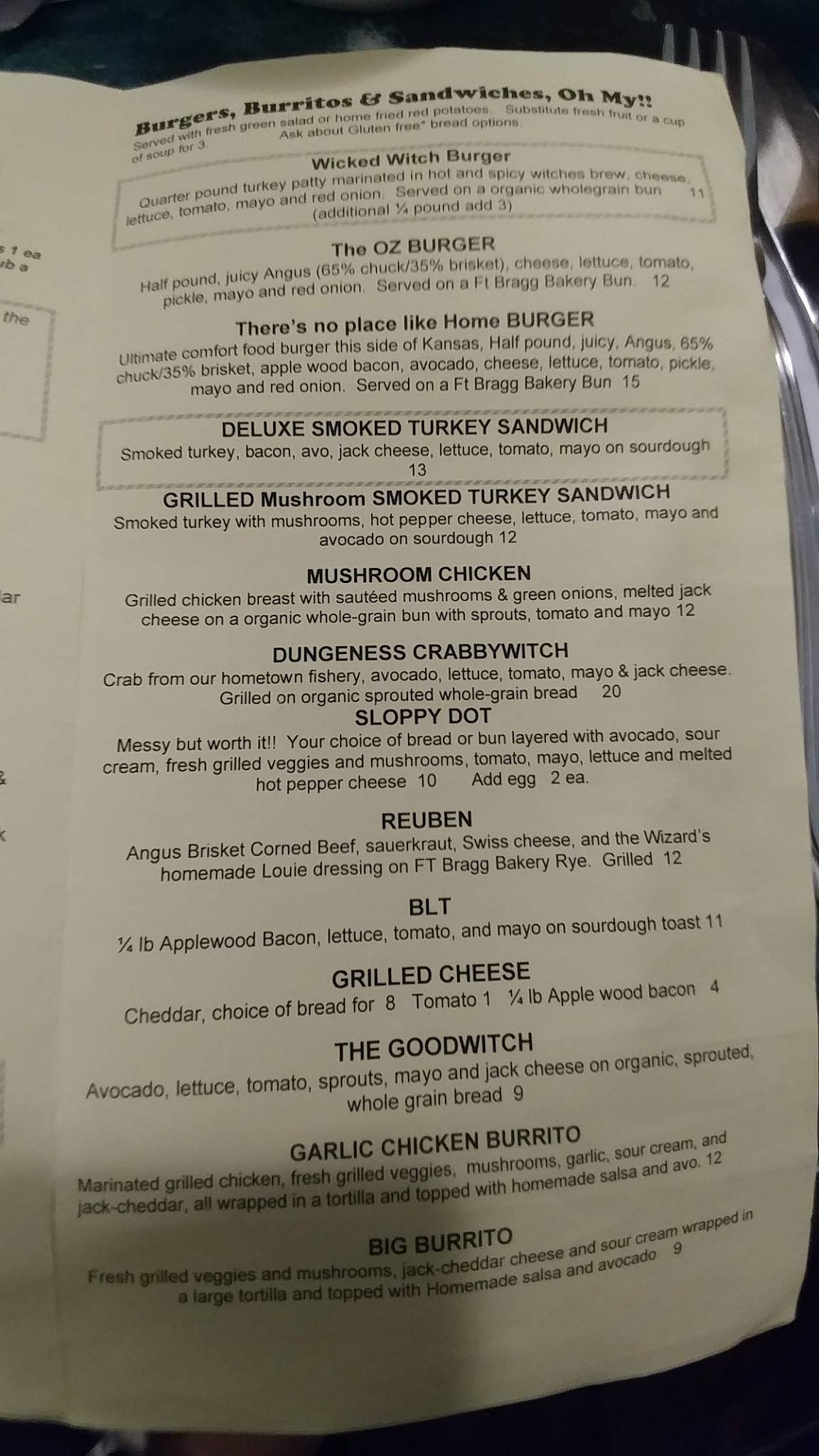 Menu at Egghead's Restaurant, Fort Bragg