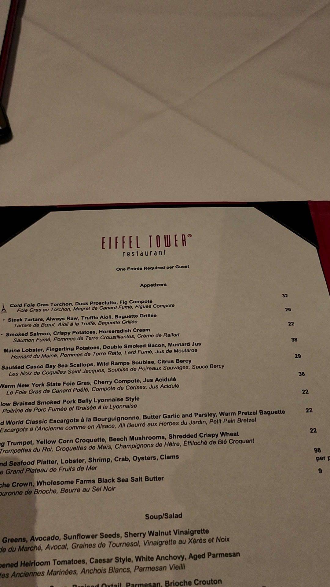 Menu at Eiffel Tower Restaurant, Las Vegas, S Las Vegas Blvd