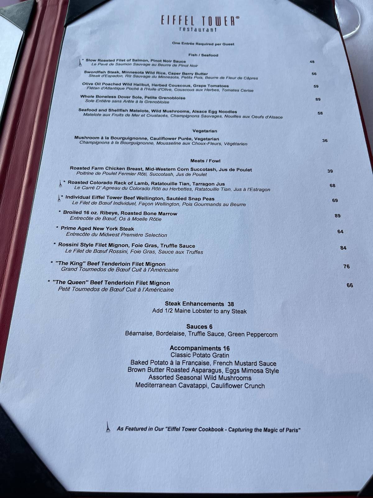 Menu at Eiffel Tower Restaurant, Las Vegas, S Las Vegas Blvd