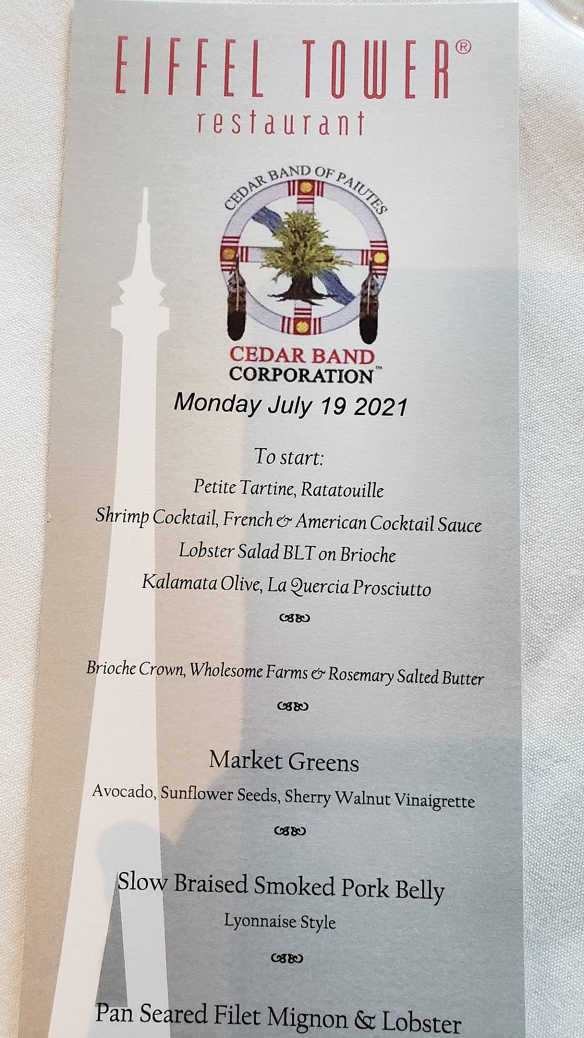 Menu at Eiffel Tower Restaurant, Las Vegas, S Las Vegas Blvd