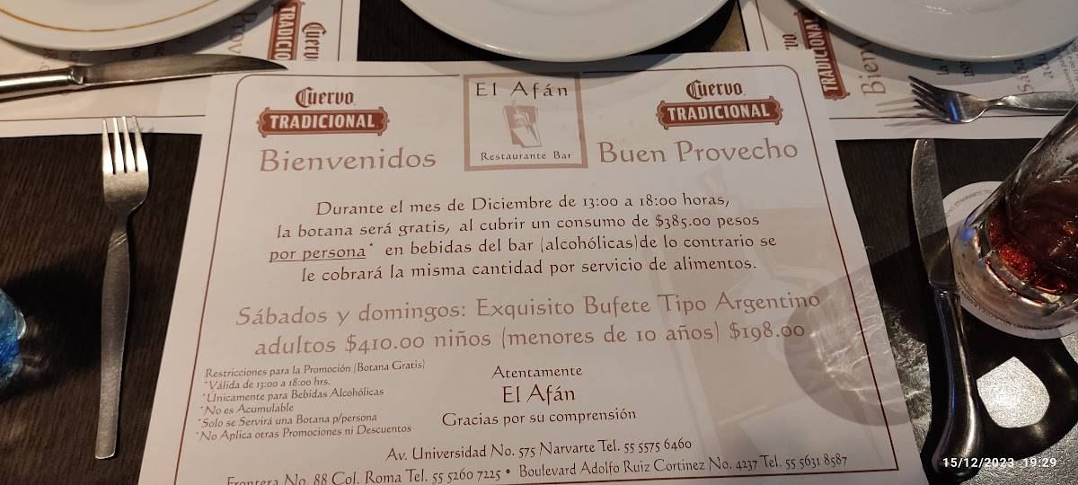 Carta de El Afán Restaurante Bar, Ciudad de México, Av. Universidad 575