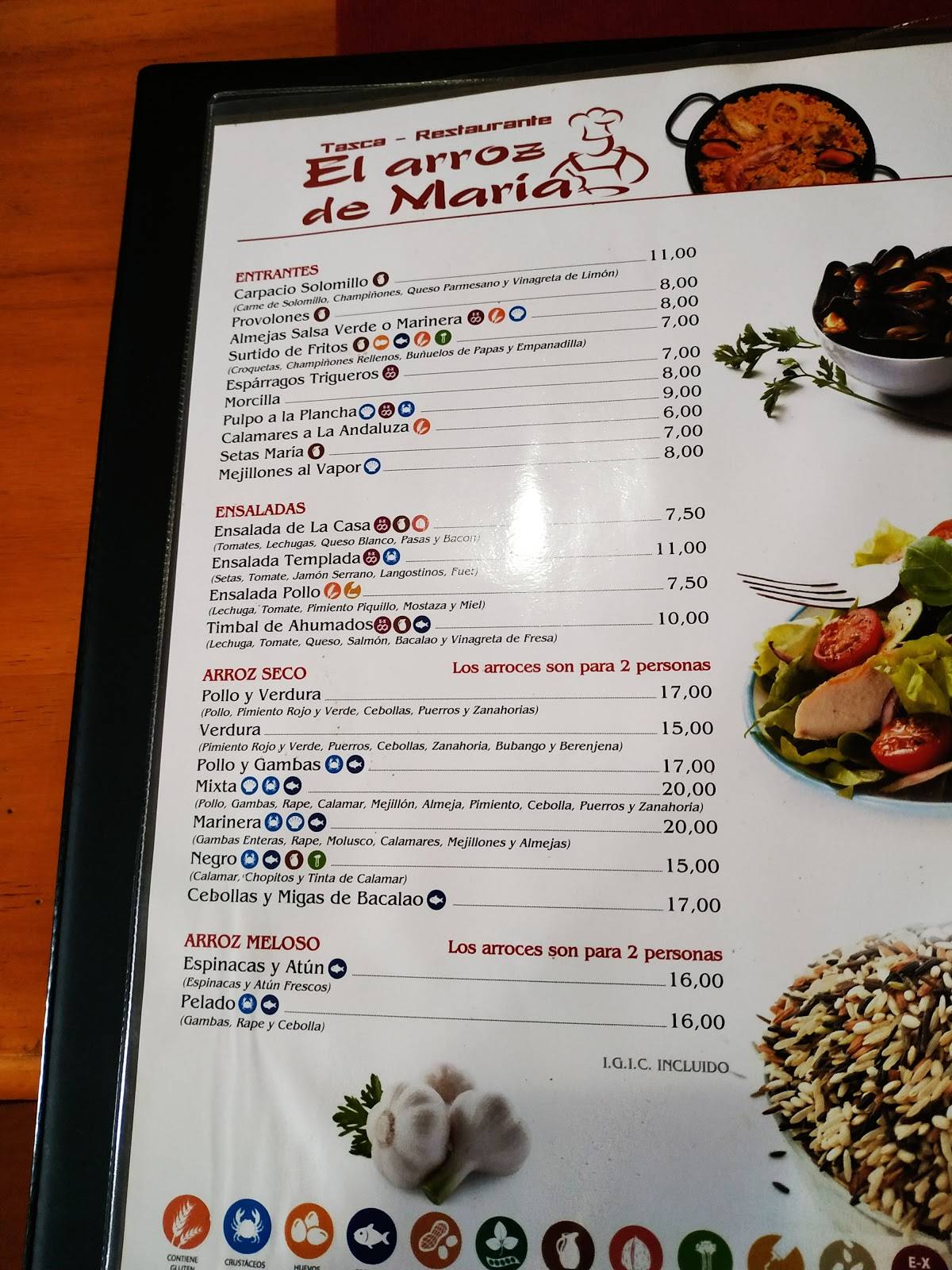 Carta de Restaurante El Arroz de María, Los Realejos, Calle Real