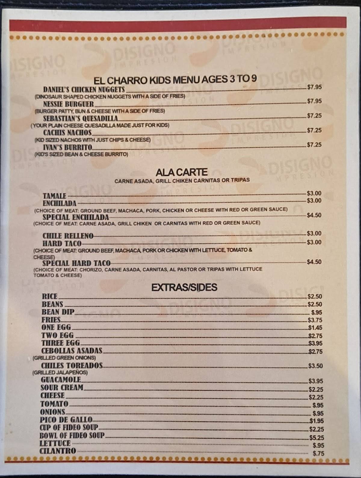 Menu at El Charro Mexican Restaurant, Bullhead City